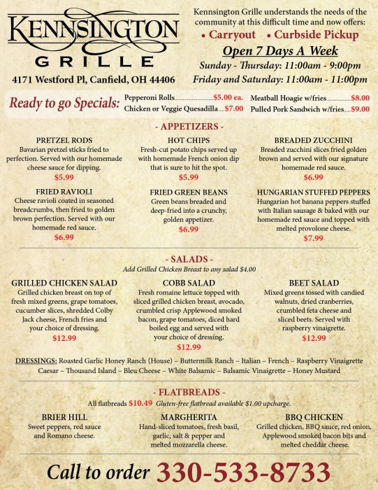 Kennsington Grille Menu - Kennsington Golf Club