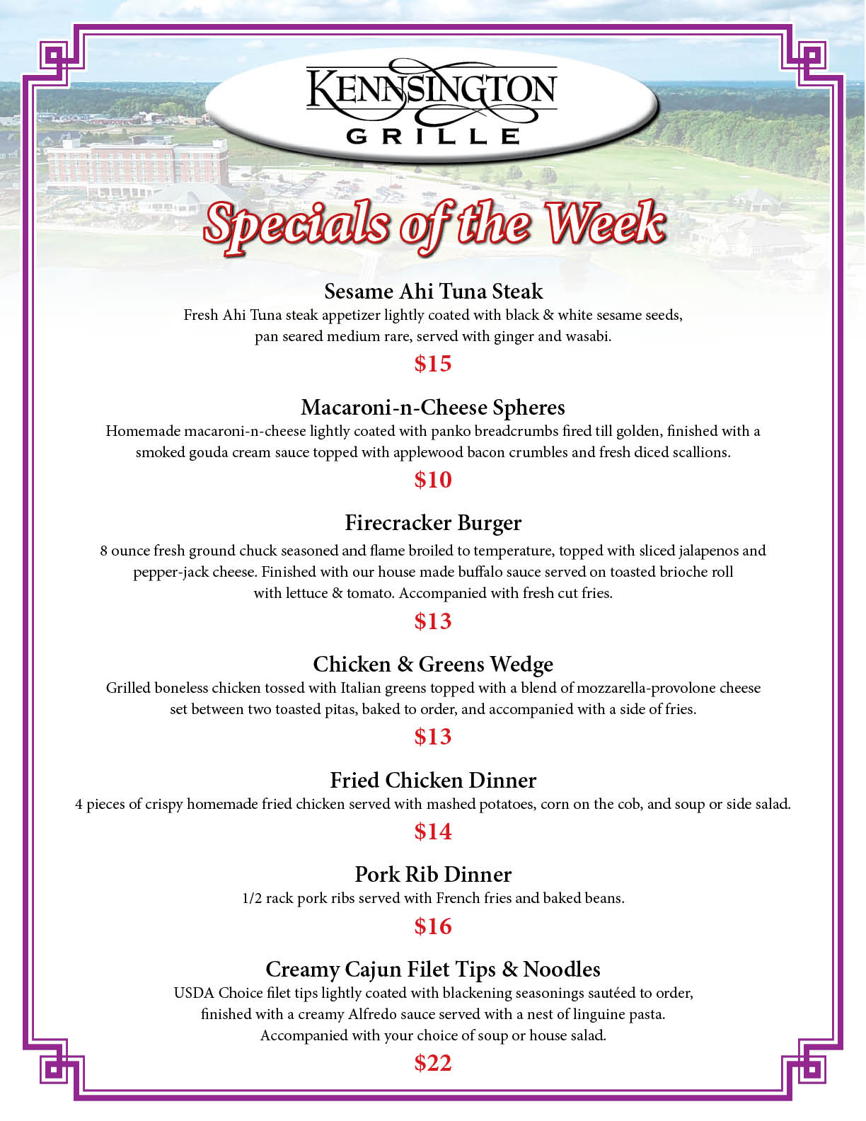 Kennsington Grille New Menu - Kennsington Golf Club