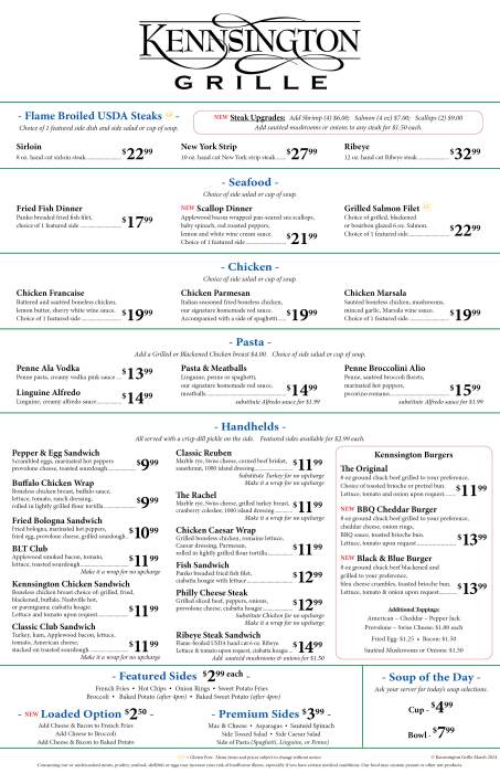 Kennsington Grille Menu - Kennsington Golf Club