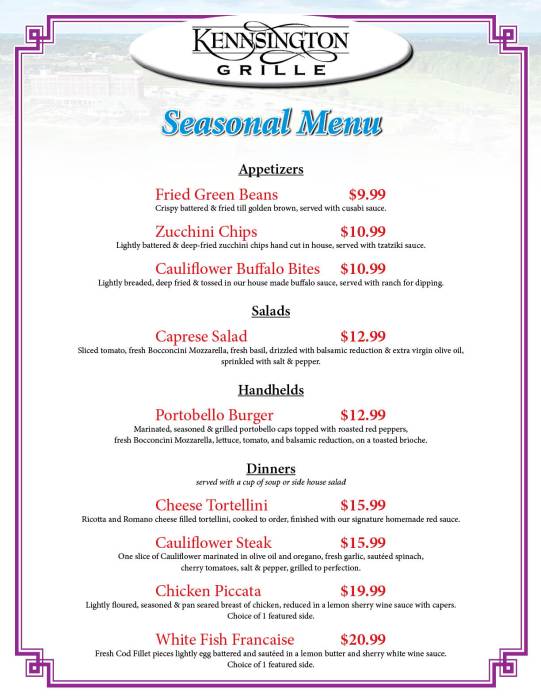 Kennsington Grille Menu - Kennsington Golf Club